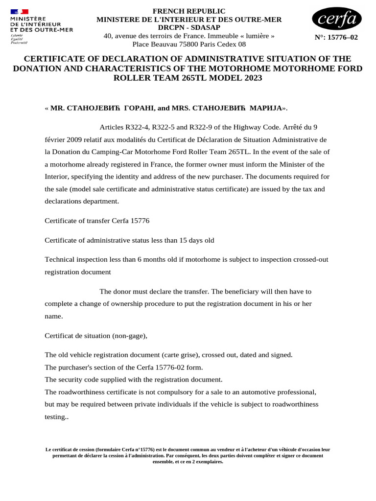 Certificate of Declaration of Administrative Situation of The Donation ...
