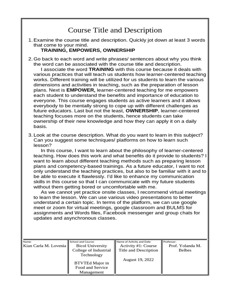 LoveniaKianCarla Activity1 | PDF | Human Communication | Behavior Modification
