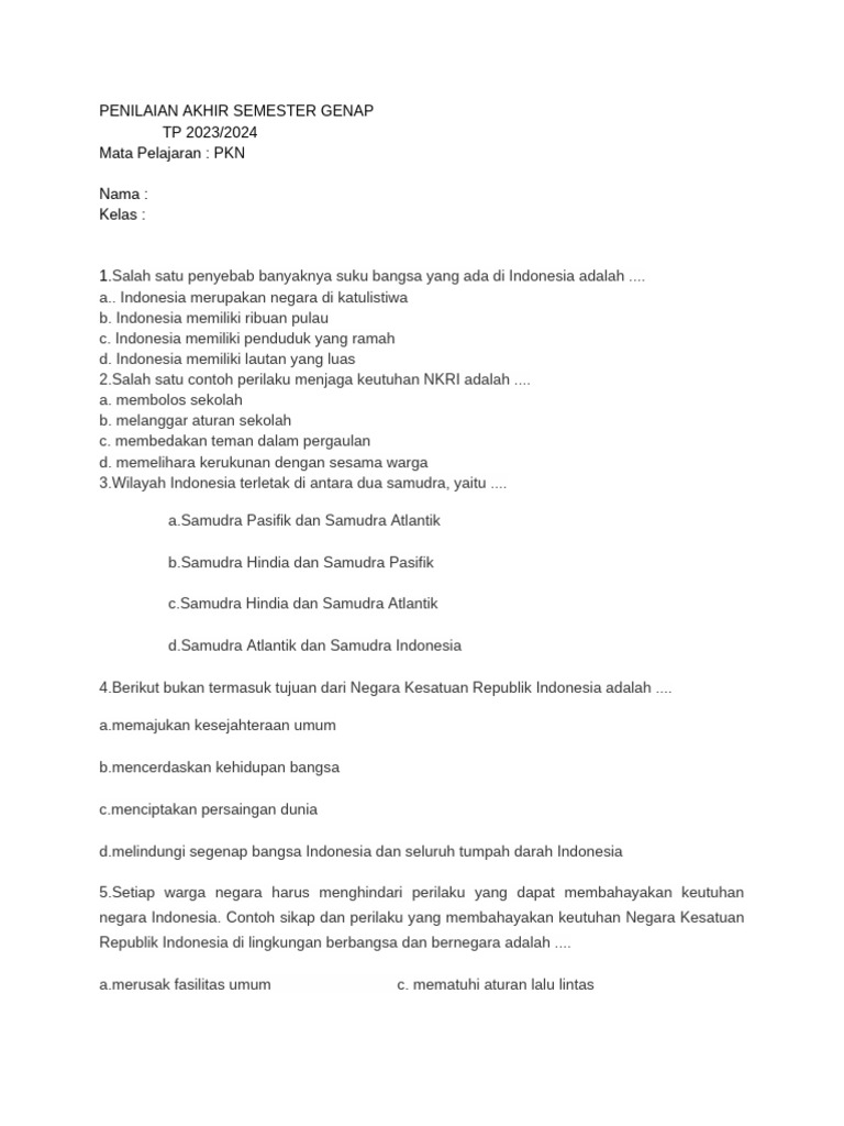 PENILAIAN AKHIR SEMESTER GENAP, PKN | PDF