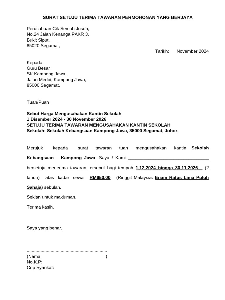 Lampiran 8 Surat Setuju Terima Permohonan Yang Berjaya | PDF