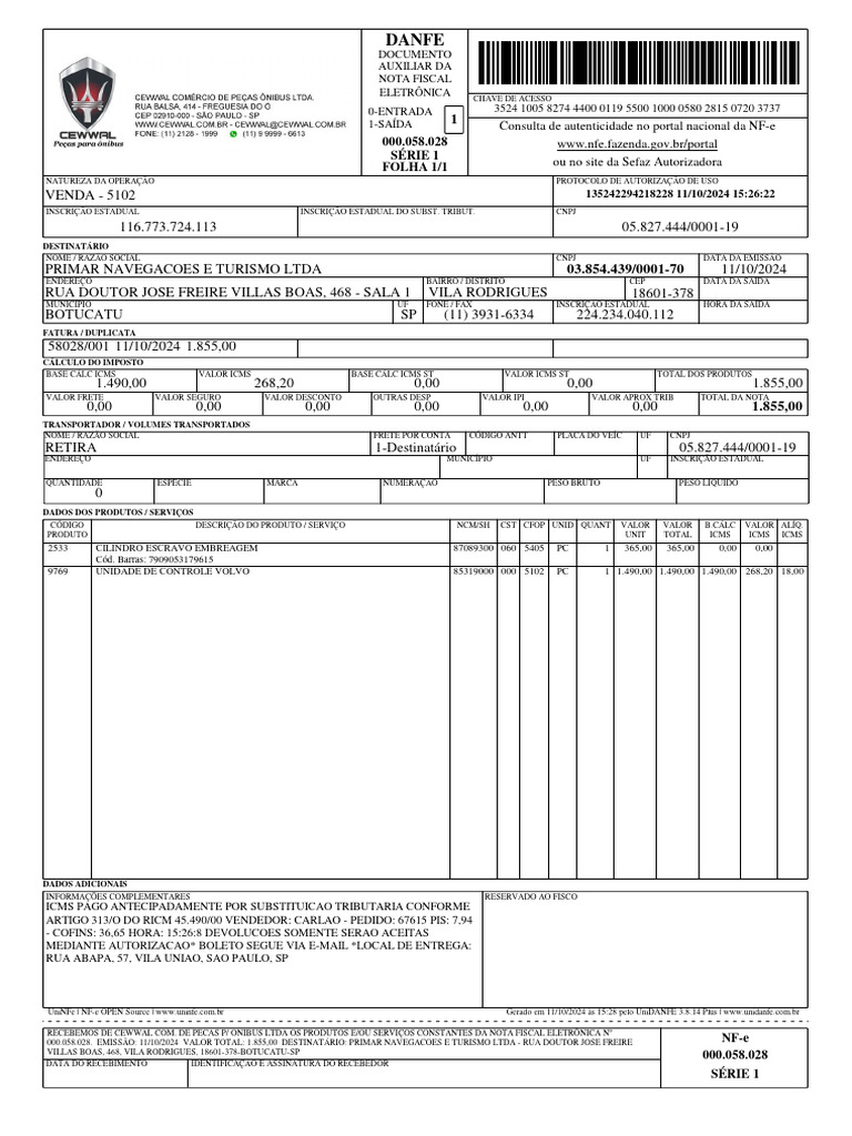 DANFE - NF-e 580282032 | PDF