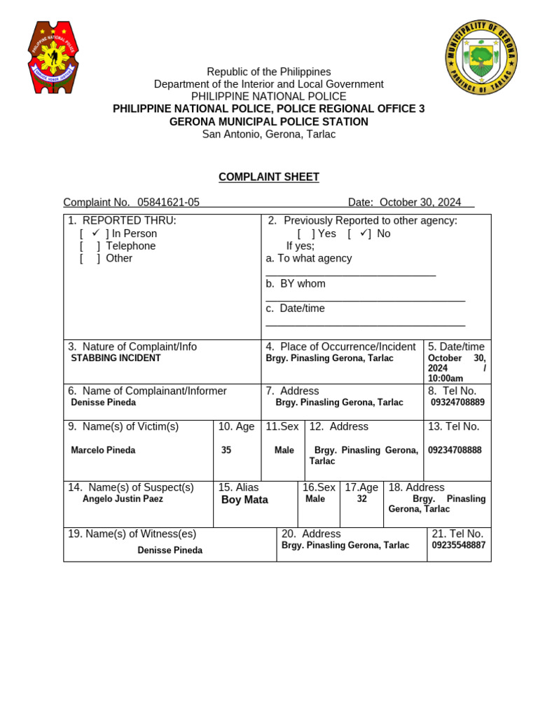 Format of Complaint Sheet (Other Crimes) | PDF | Murder | Crimes