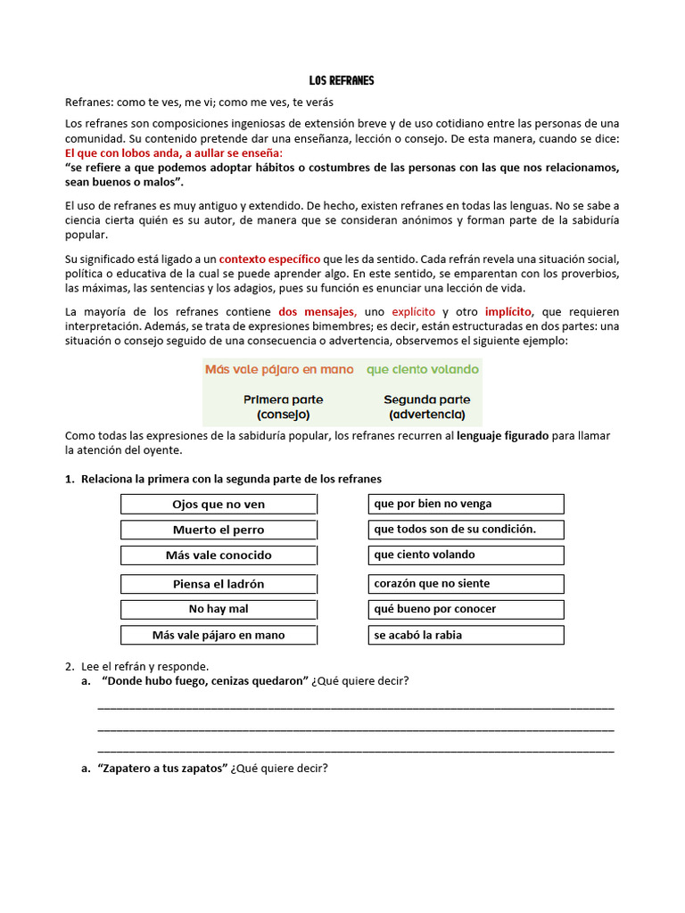 Ejercicios y Actividades con Refranes | PDF | Artes del Lenguaje y ...