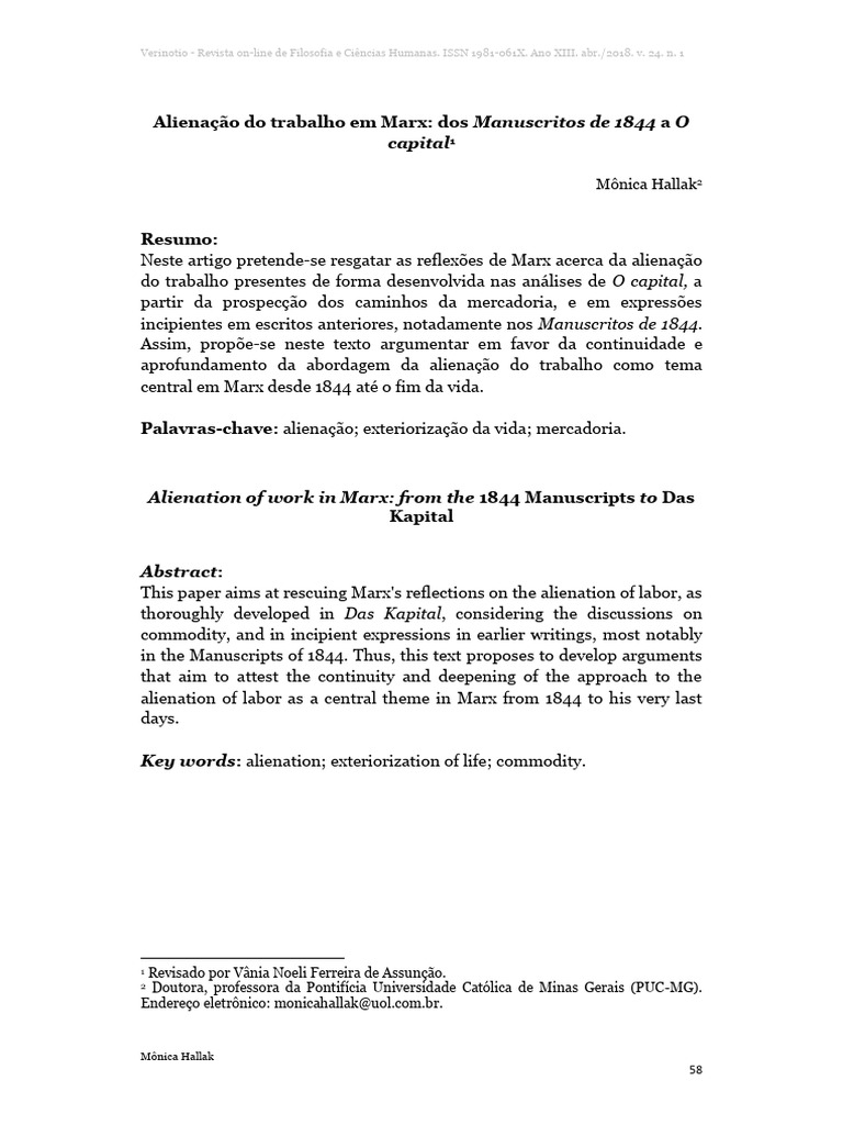 Alienação do Trabalho em Marx: 1844 a O Capital | PDF | Karl Marx ...
