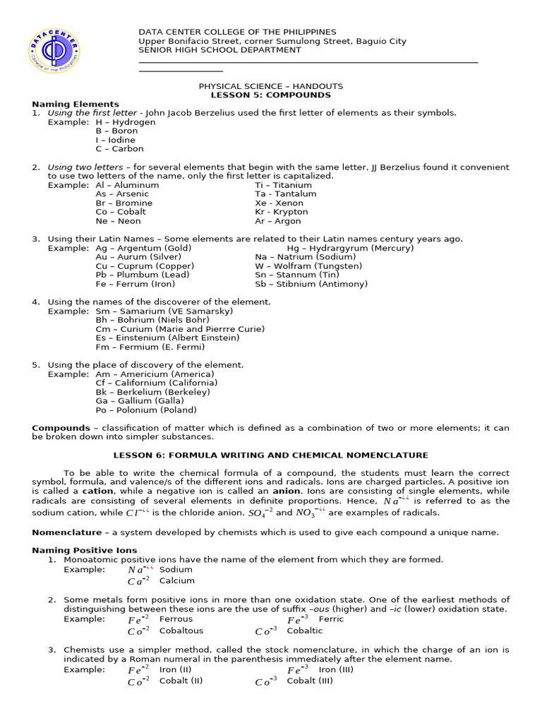 Handout - Lesson 5 - Chemnom | PDF | Ion | Chemical Compounds