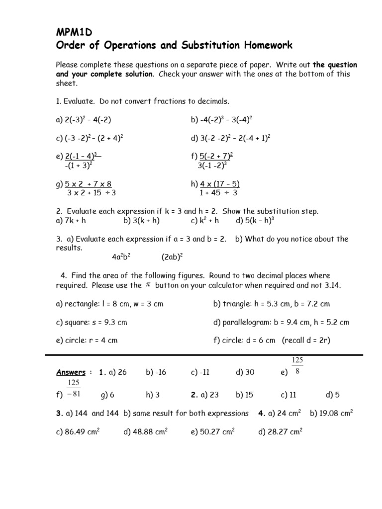 Order of Operations Homework Guide | PDF