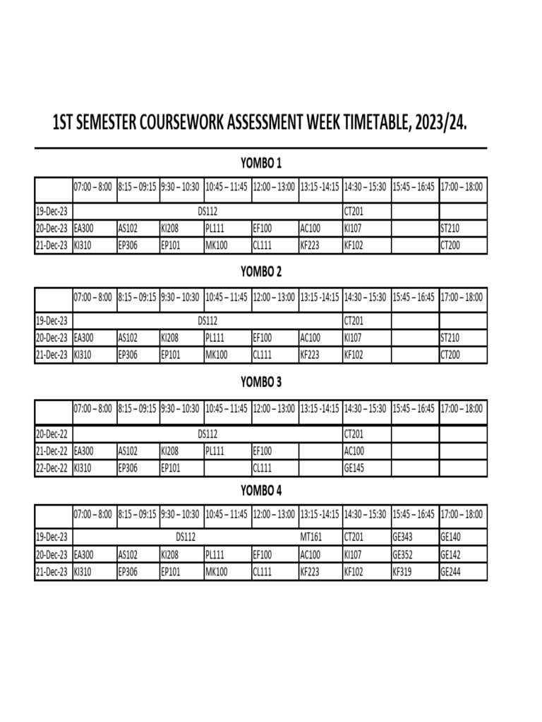 1st Semester Coursework Assessment Week Timetable 202324. | PDF ...