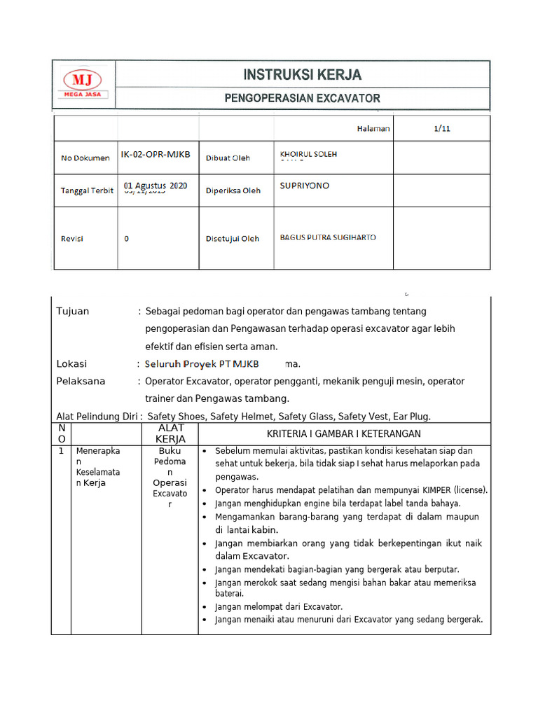 IK-02-OPR-MJKB-Pengoperasian Hydraulic Excavator-MJKB | PDF