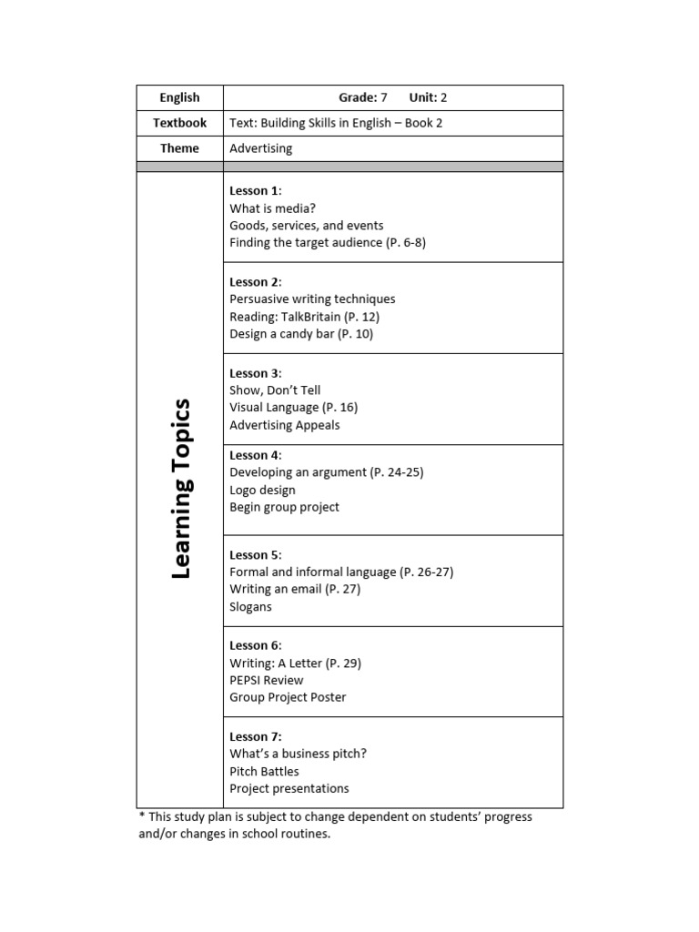 Grade 7 Unit 2 - Study Plan | PDF