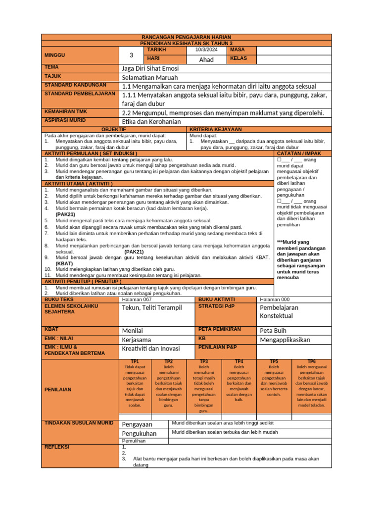 M3 RPH Pendidikan Kesihatan THN 3 2024-2025 by Cikgu Gorgeous | PDF | Sains & Matematika