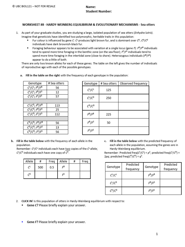 Worksheet #8 - Hardy-Weinberg Equilibrium & Evolutionary Mechanisms ...