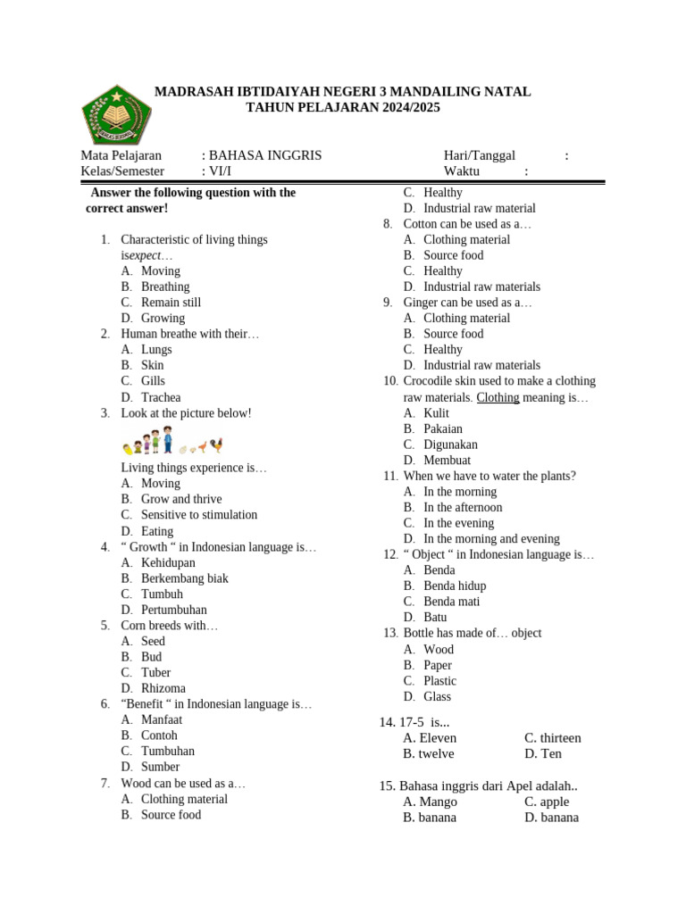 Soal Bahasa Inggris Kelas VI 2024/2025 | PDF