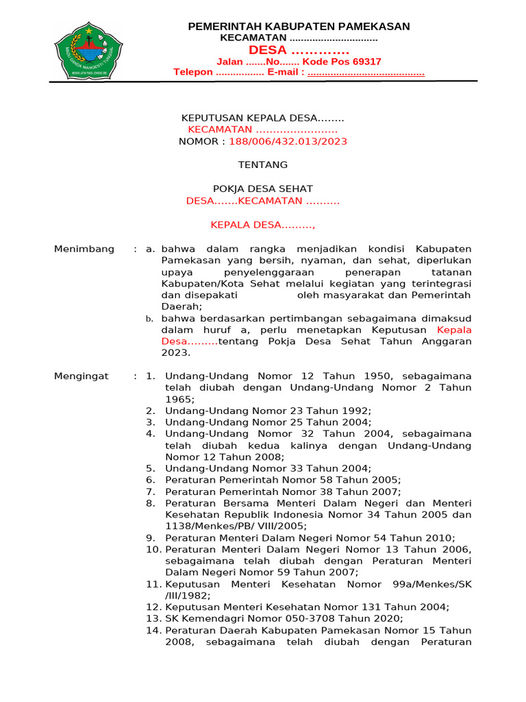 Contoh SK Pokja Desa Sehat 2023. | PDF