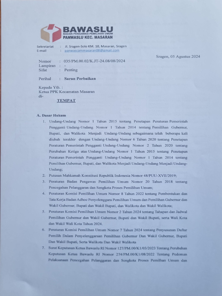 Surat Sarper Data Pemilih MS TMS 5 Agustus 2024 | PDF