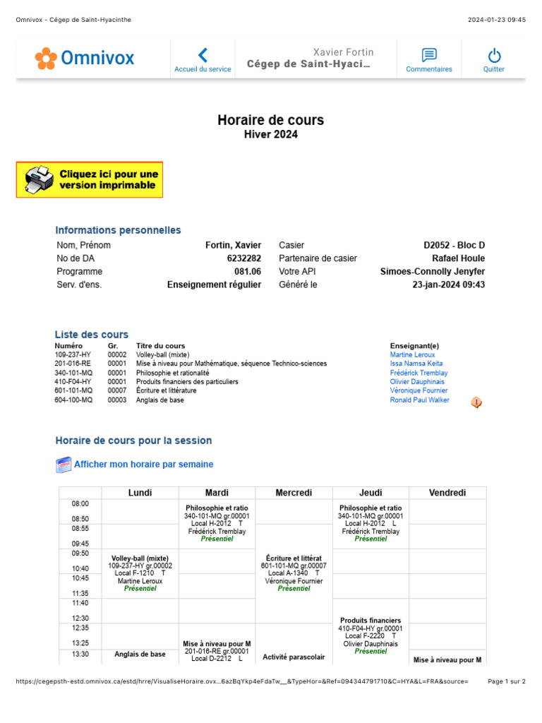 Horaire de cours Hiver 2024 - Cégep S-Hyacinthe | PDF