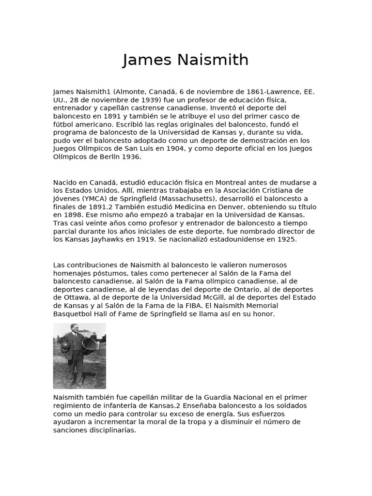 Biografía de James Naismith, creador del baloncesto | PDF