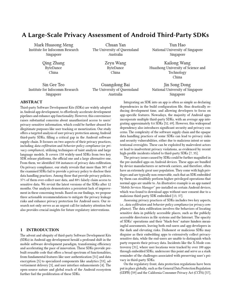 A Large Scale Privacy Assessment of Android Third-Party SDKs | PDF | Software Development Kit ...
