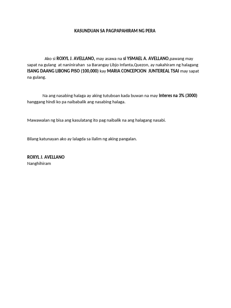 Kasunduan Sa Pagpapahiram NG Pera | PDF