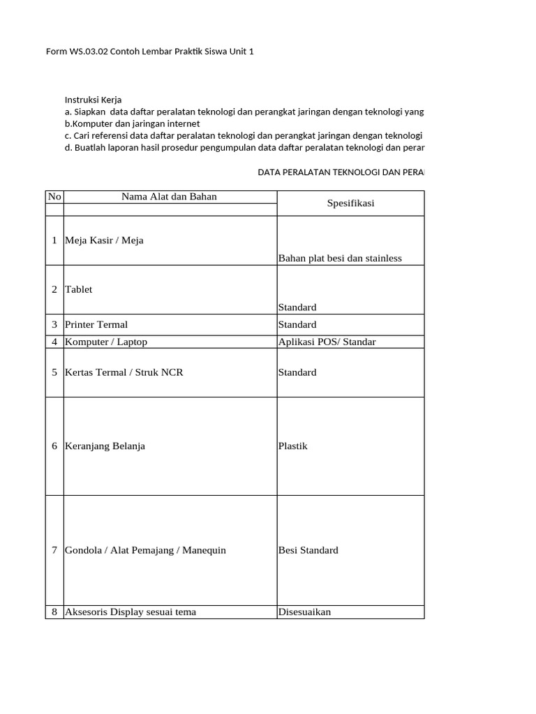 Form LK WS.03.02 Contoh Lembar Praktik Siswa Unit 1 | PDF