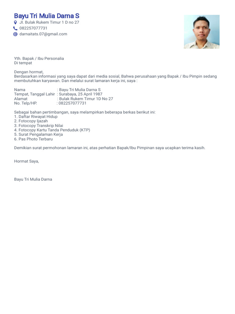 Surat Lamaran Kerja Bayu Tri Mulia | PDF