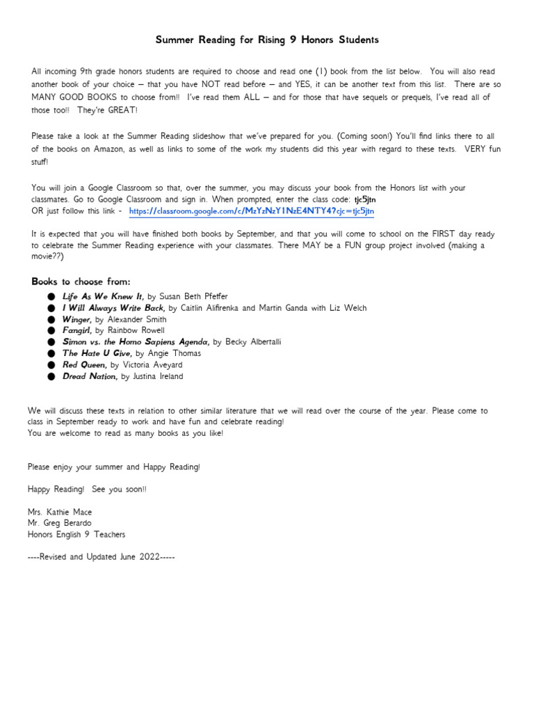 Summer Reading For Rising 9 Honors Students | PDF