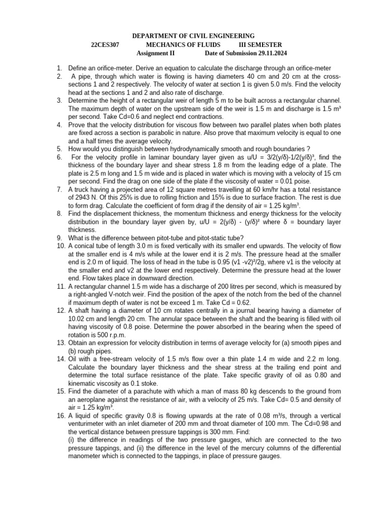 FM Assignment II 2024 | PDF | Boundary Layer | Drag (Physics)
