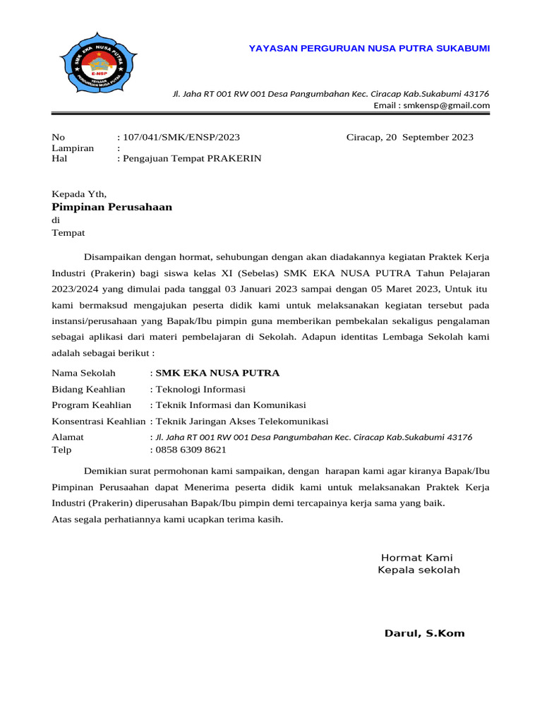 Contoh Surat Pengajuan PKL | PDF