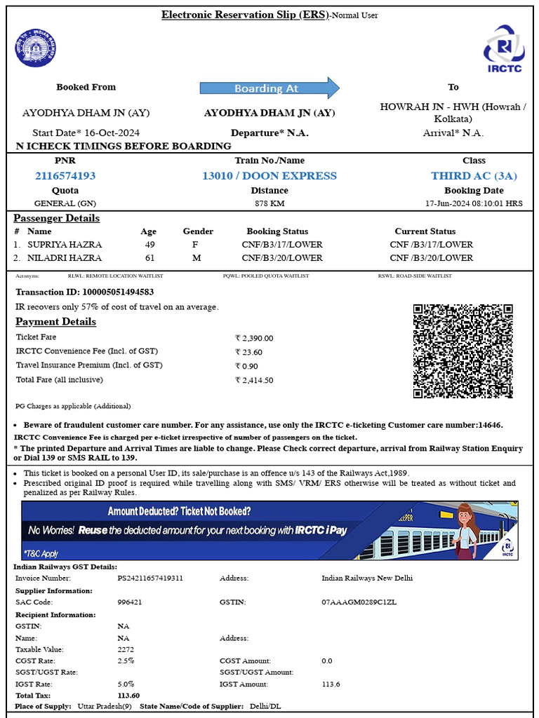 Doon Express Third Ac (3A) | PDF | Identity Document