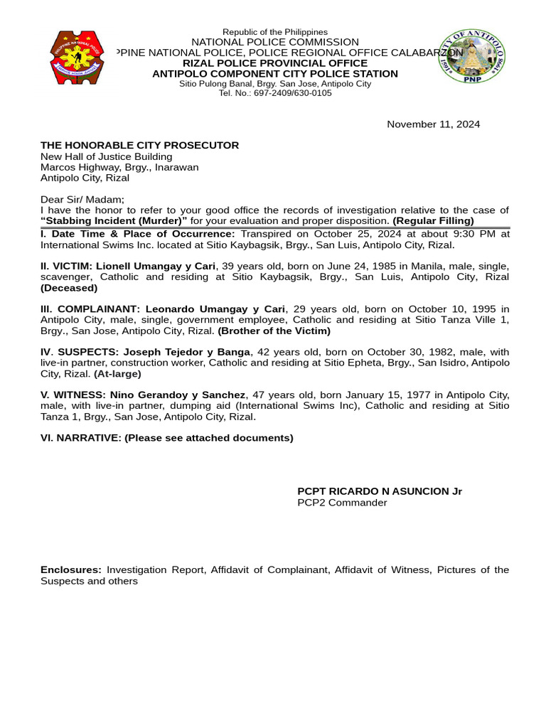 Regular-Filling-Stabbing Incident (Sitio Kaybagsik) | PDF | Legal ...