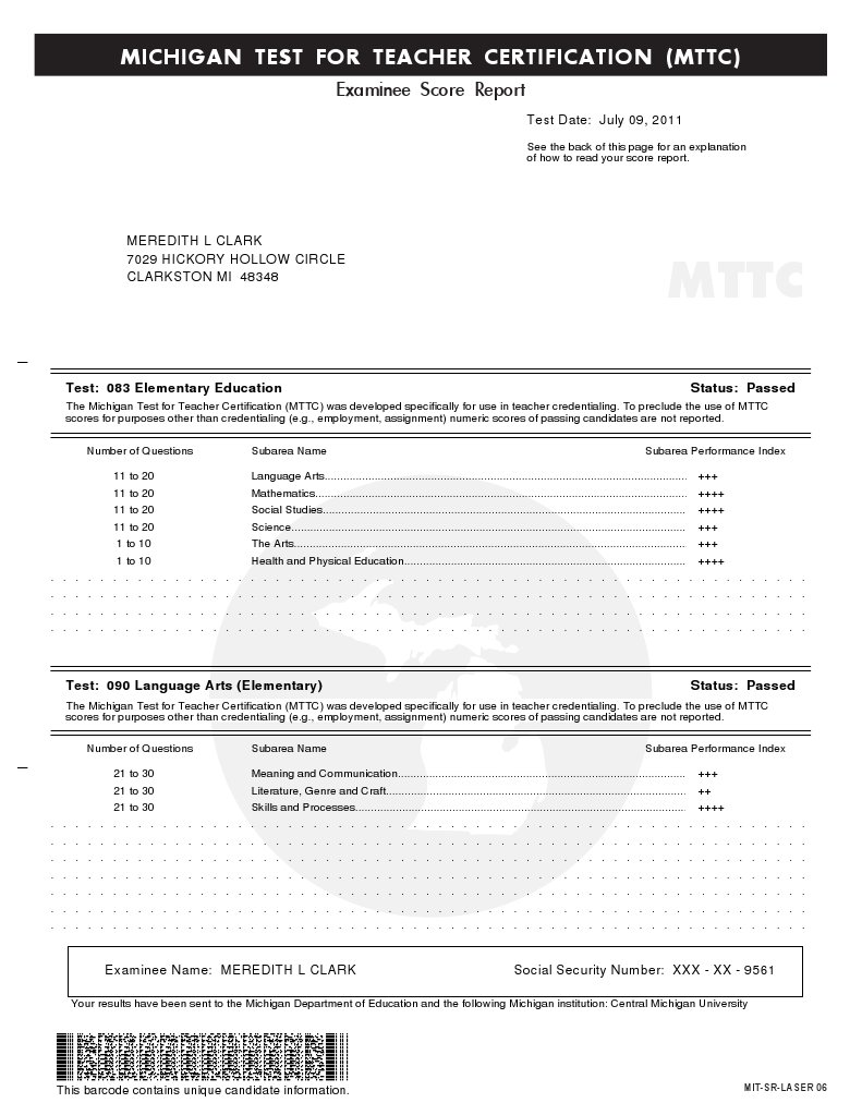 MTTC Test Results | PDF | Multiple Choice | Quality Of Life