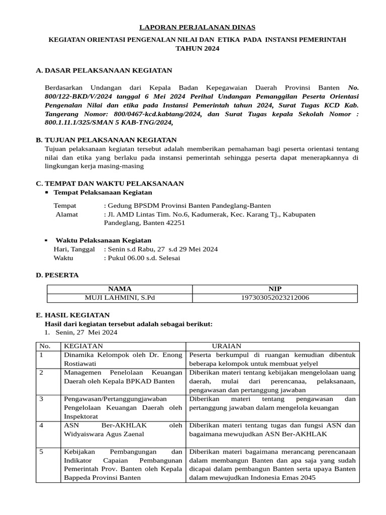 LAPORAN PERJALANAN DINAS ORIENTASI PPPK Bu Muji | PDF