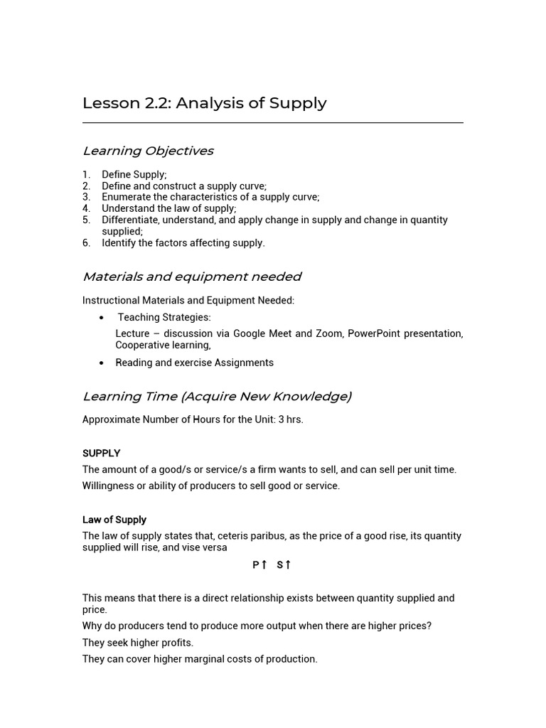 Lesson 2.2 Analysis of Supply | PDF | Supply (Economics) | Economics
