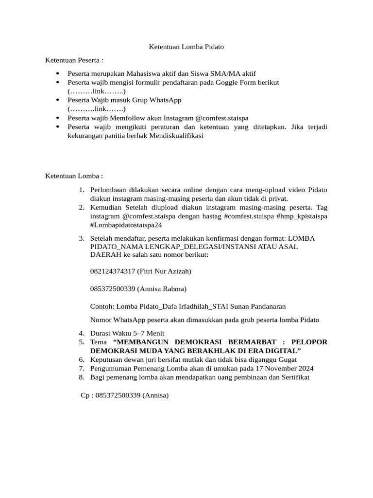 Juknis Lomba PIDATO - Comfest24 | PDF | Karier & Perkembangan | Bisnis