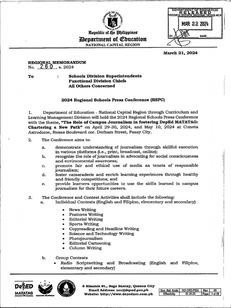 RM No. 260 2024 2024 Regional Schools Press Conference RSPC | PDF