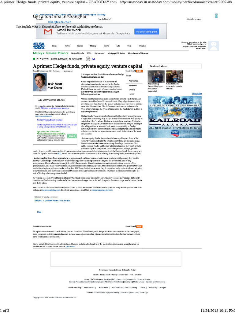 A Primer - Hedge Funds, Private Equity, Venture Capital - USATODAY | PDF