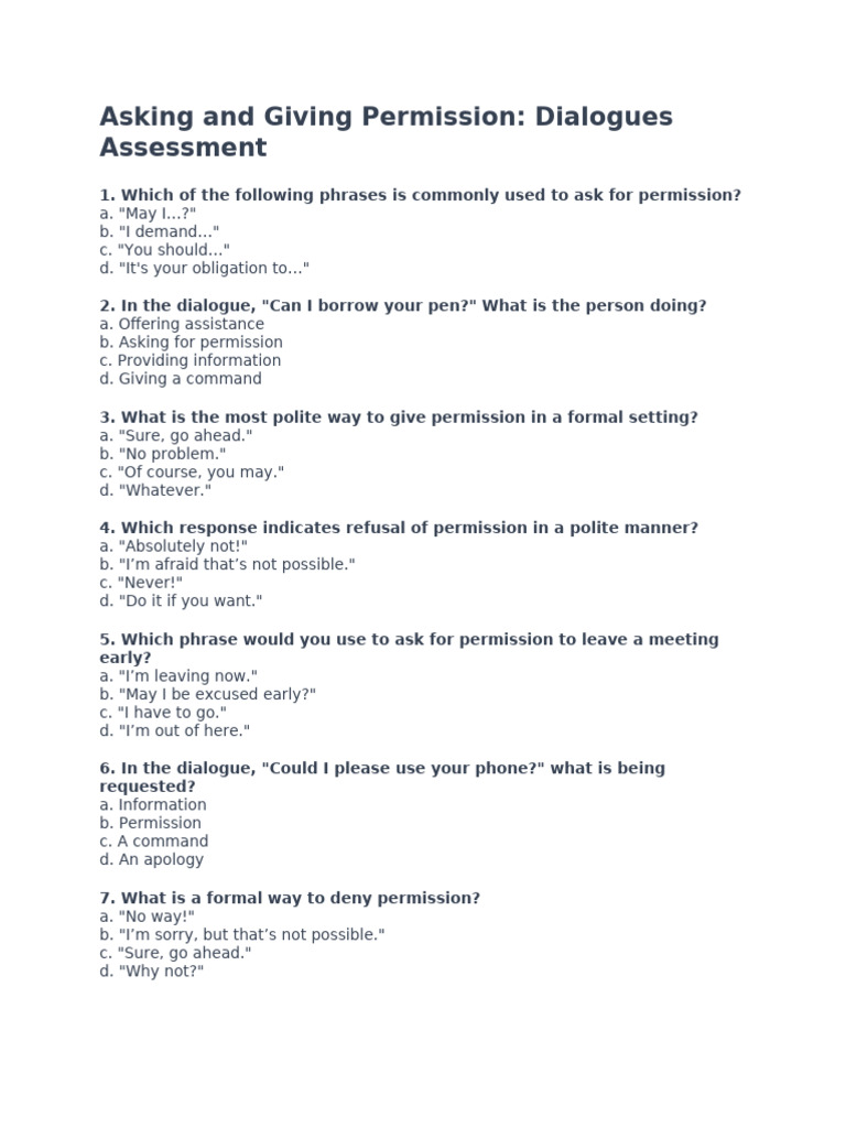 Asking and Giving Permission Exercise | PDF | Self-Improvement