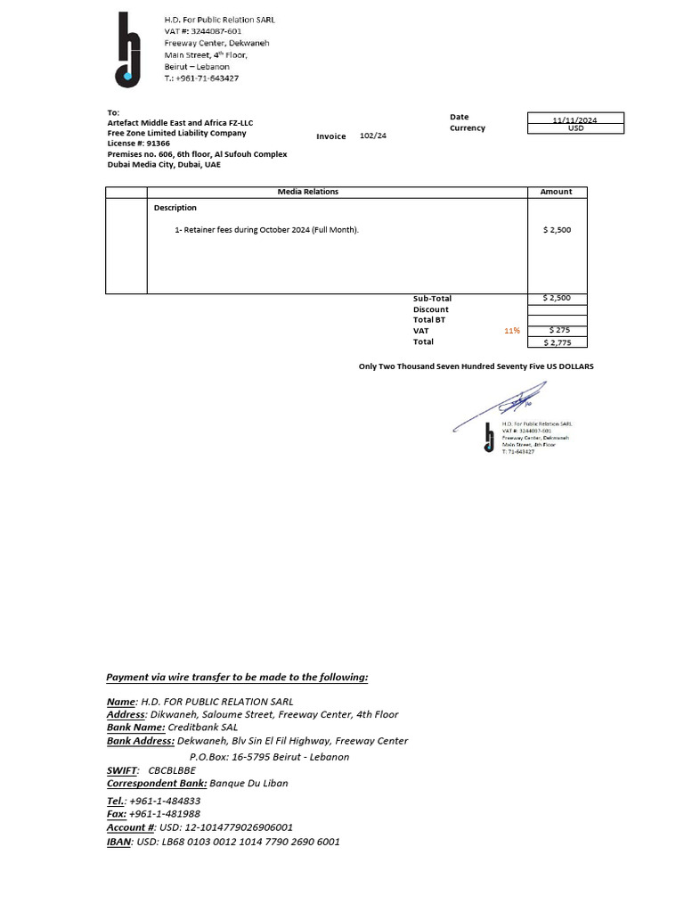 Artefact Invoice October 2024 | PDF