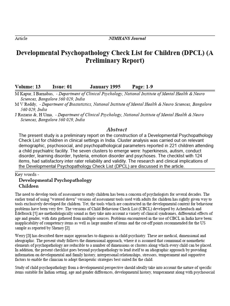 Developmental Psychopathology Checklist | PDF | Mental Disorder ...
