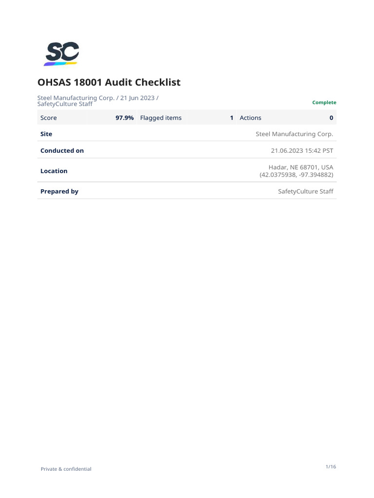 OHSAS 18001 Audit Checklist Sample PDF Report | PDF | Audit | Risk