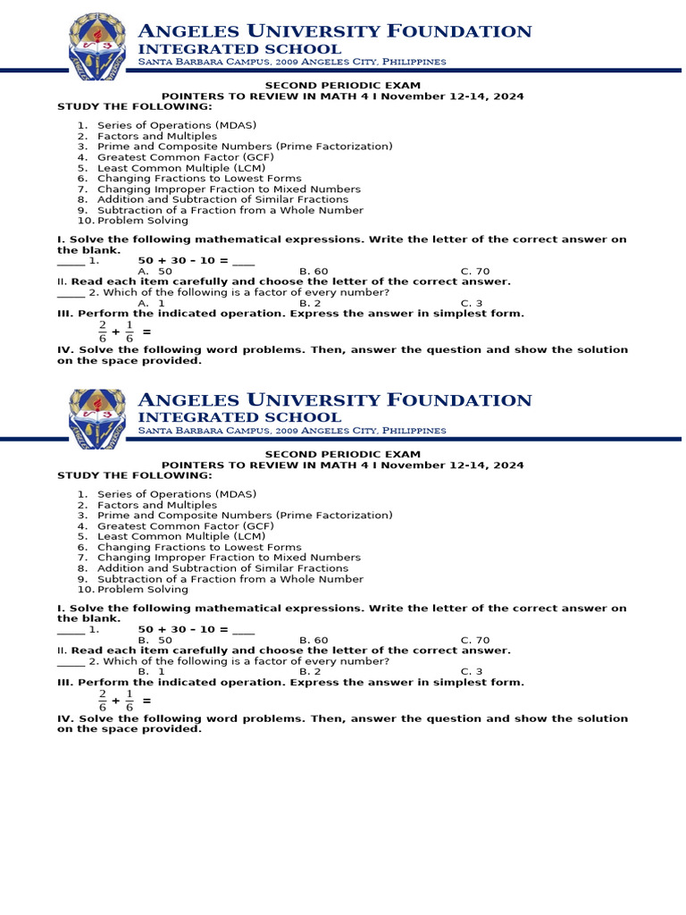 Pointers To Review in Math 4 (Second Periodic Exam) | PDF | Number Theory | Algebra