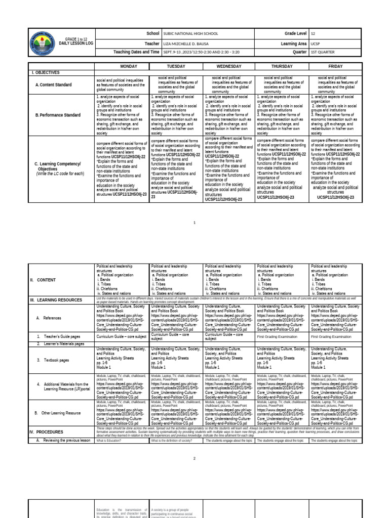 UCSP Week 3 Lesson Plan | PDF | Social Stratification | Social Status