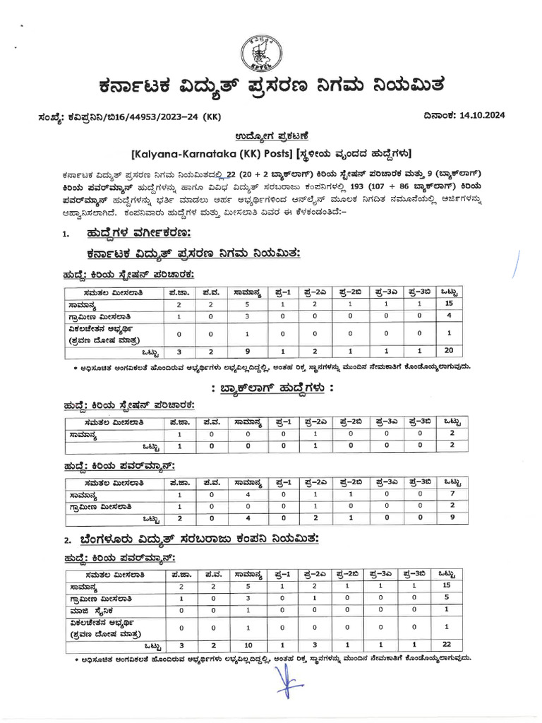 KPTCL Notification 2024 (KK-HK) | PDF