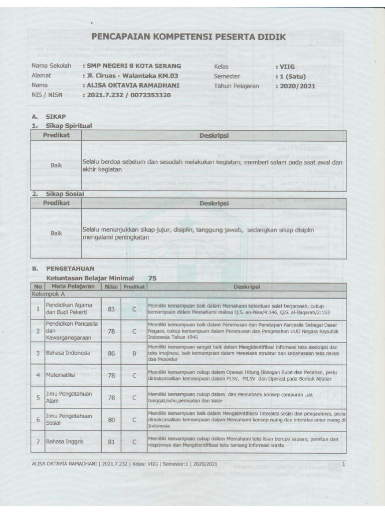 Contoh Rapor Semester 1 | PDF
