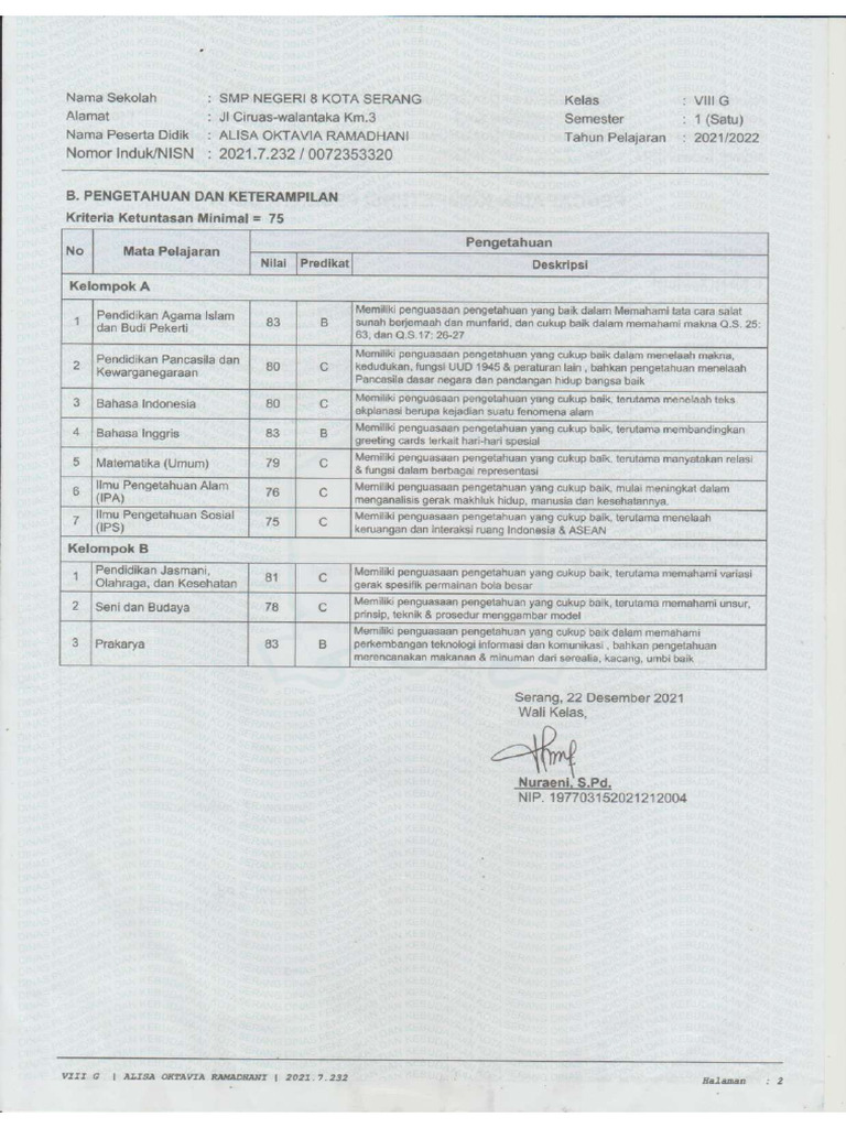 Contoh Rapor Semester 3 | PDF