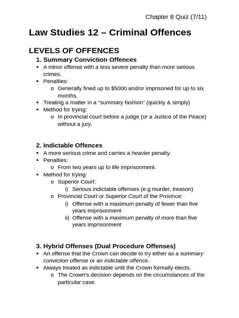 Law Studies 12 - Criminal Offences | PDF | Assault | Murder
