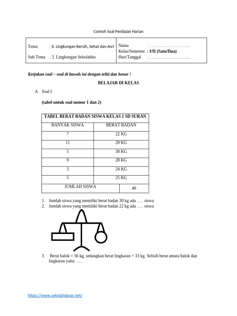 Soal Ulangan Harian Kelas 1 Tema 6 Subtema 3 | PDF | Kesehatan Holistik