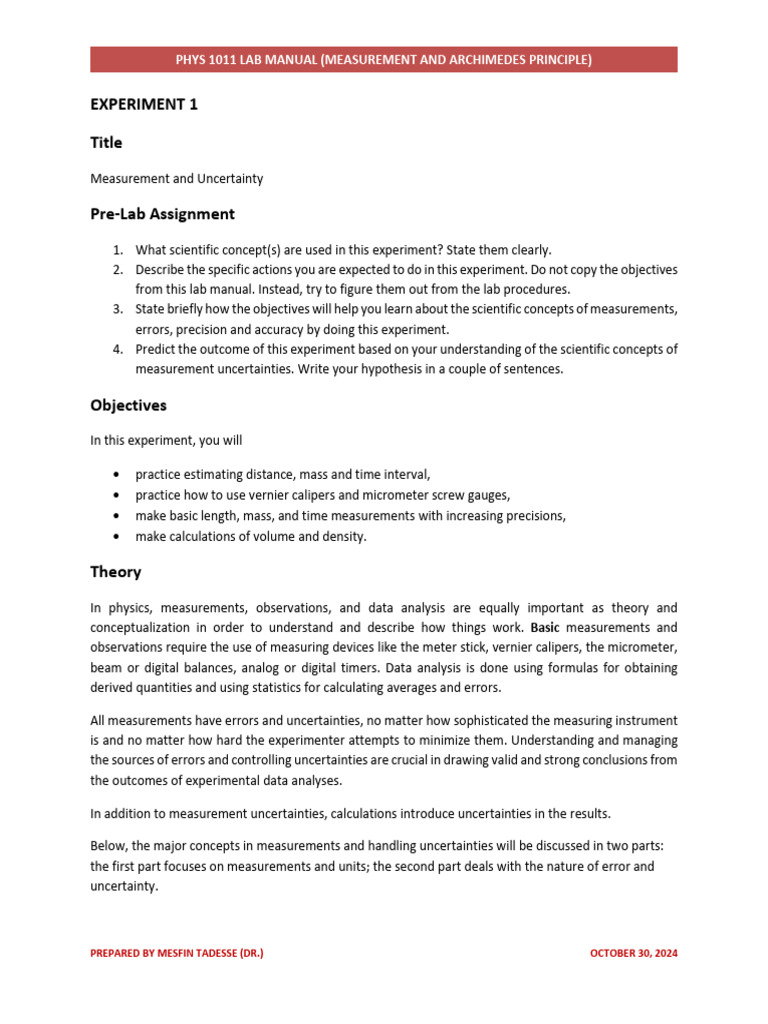 Phys 1011 Lab Manual (Measurement and Fluids) 30 Oct 2024 | PDF | Buoyancy | Observational Error