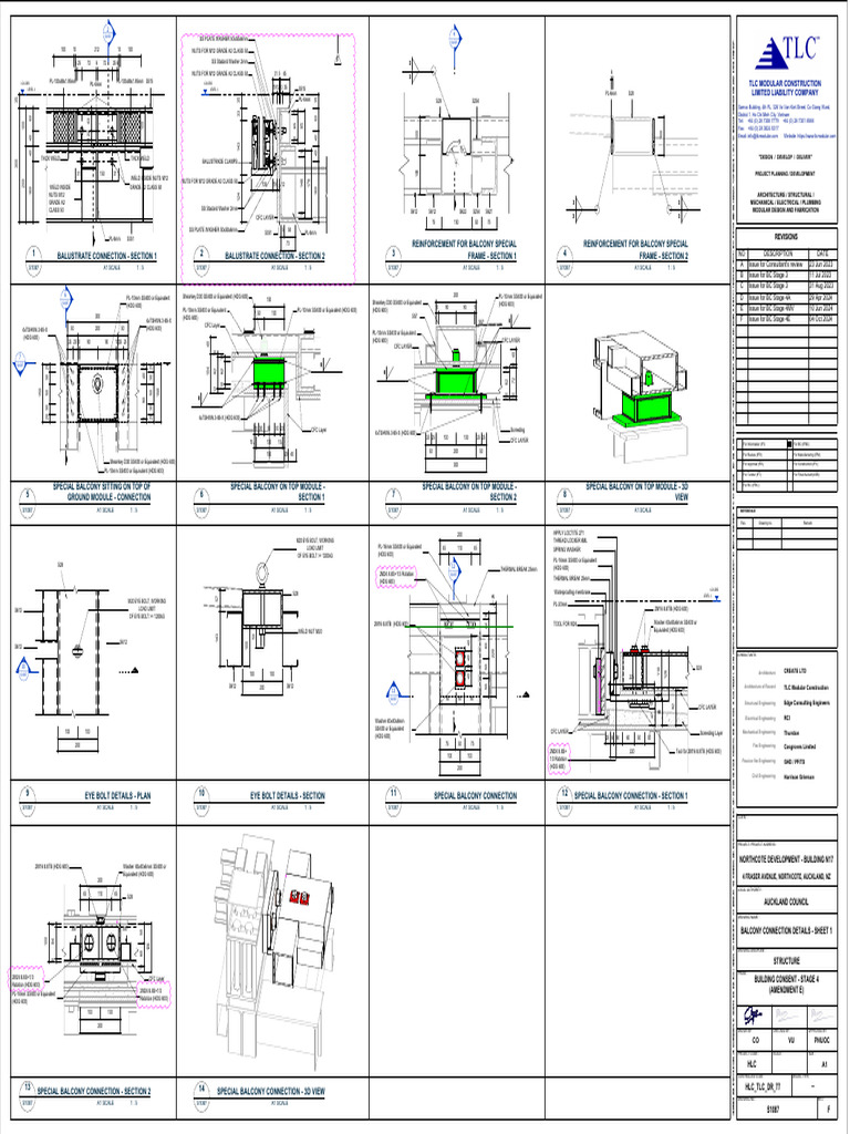 HLC - TLC - DR - 77-S1087-BALCONY CONNECTION DETAILS - SHEET 1-Rev-F | PDF