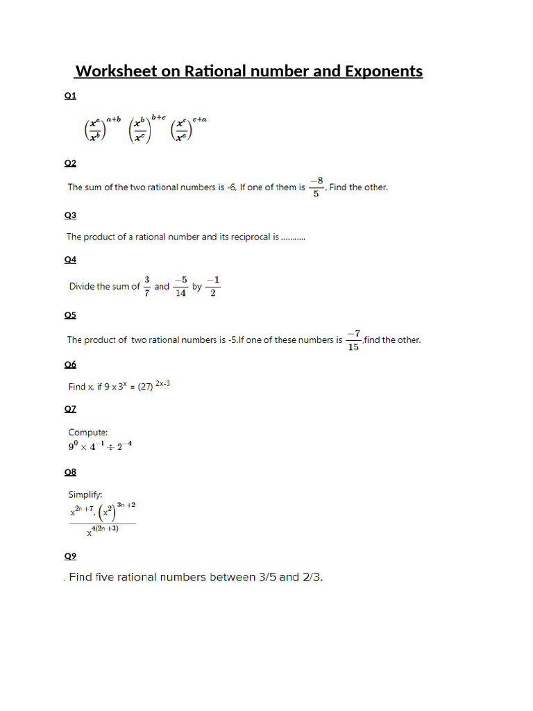 Worksheet On Rational Number and Exponents | PDF