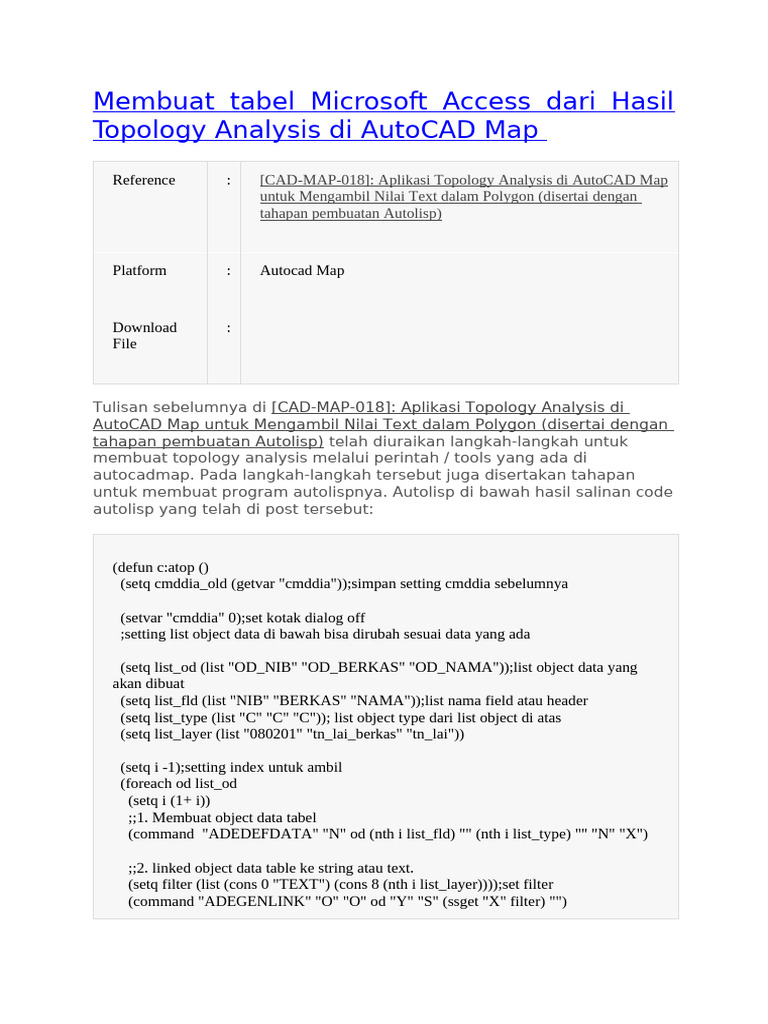 Membuat Tabel Microsoft Access Dari Hasil Topology Analysis Di AutoCAD Map | PDF